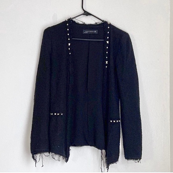 Zara | Jackets & Coats | Zara Woman Black Tweed Blazer With Studs Raw ...